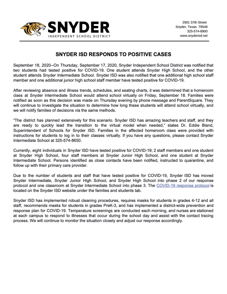 SISD Responds To Positive Cases | Snyder ISD