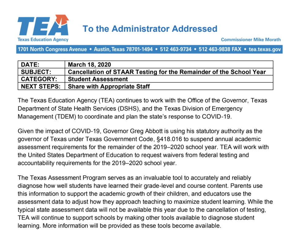 TEA Commissioner Mike Morath Releases Official Statement On STAAR/EOC ...